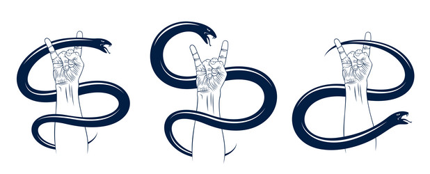 Rock hand sign with aggressive snake set hot Vector Image