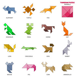 Tangram puzzle set with various animals Royalty Free Vector