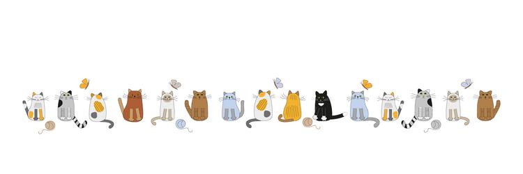 Group of cartoon mixed breed cats sitting in rows Vector Image