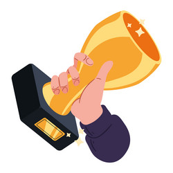 Hand holding trophy award Royalty Free Vector Image