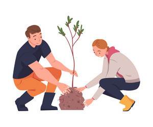 Man and woman character planting tree sapling Vector Image
