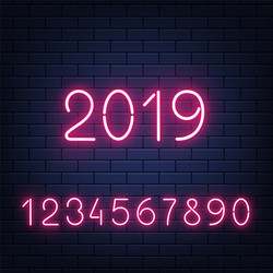 Neon alphabet retro letters on brick wall Vector Image