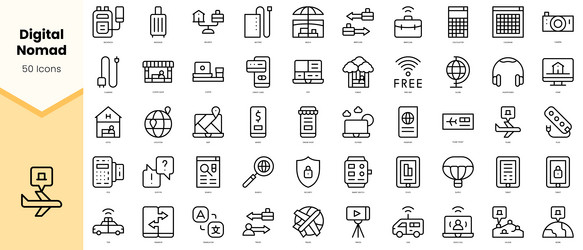 Set of digital nomad icons simple line art style Vector Image