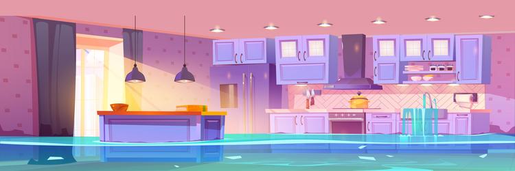 Flooded kitchen with water leaking from faucet Vector Image