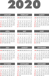 Calendar 2020 year week starts from sunday Vector Image