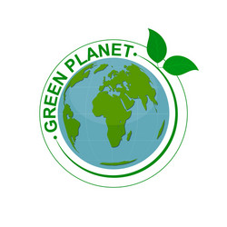 Green planet symbol with map and leaves Royalty Free Vector