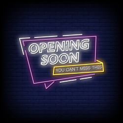Neon sign back soon with brick wall background Vector Image