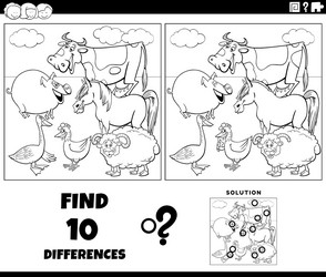 Differences game with comic farm animals coloring Vector Image