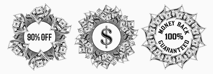 Set of circular money frames with 100 dollar bills
