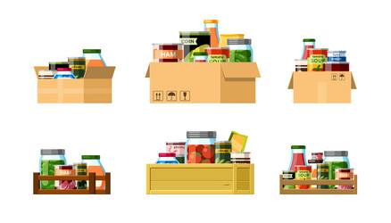 Donation boxes with canned food Royalty Free Vector Image