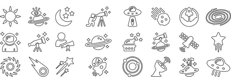 Astronomy icons space set telescope Royalty Free Vector