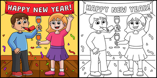 New year boys with fireworks coloring page Vector Image