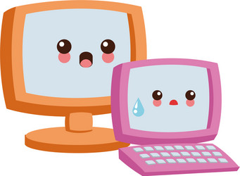 Computer and laptop kawaii cartoon in black Vector Image