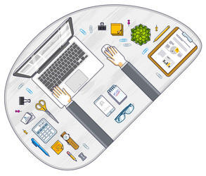 Work desk workspace top view with hands of office Vector Image