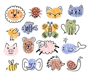 Kids fingerprint animal doodles rabbit ant Vector Image