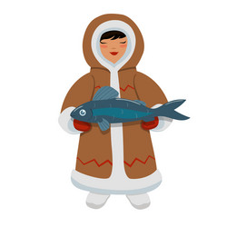Cartoon eskimo boy holding a big fish Royalty Free Vector