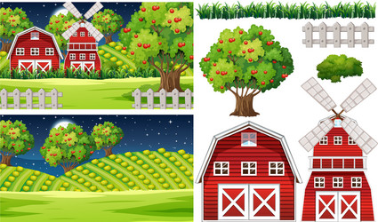 Farm element set isolated with scene Royalty Free Vector