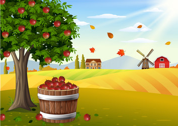 Farm scene with farmhouse and big apple tree Vector Image