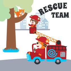 Fire rescue team with funny firefighter cartoon Vector Image