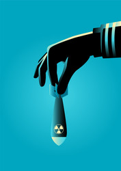 Man looking at big hand holding nuclear bomb Vector Image