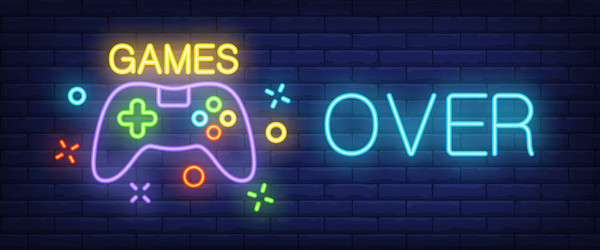 Video games neon text with controller Royalty Free Vector