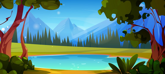 Night forest mountain lake cartoon background Vector Image
