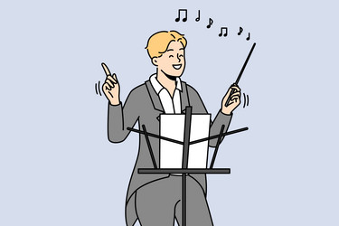 Smiling male conductor with baton on stage Vector Image