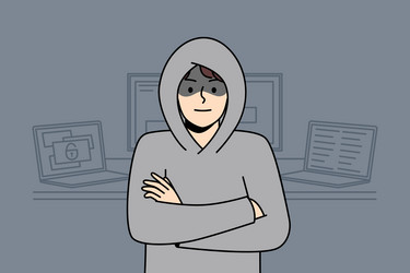 Male hacker stand near computers Royalty Free Vector Image