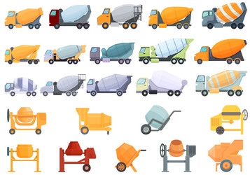 Cement mixer icons set cartoon concrete Royalty Free Vector