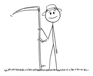 Mowing grass with scythe cartoon stick figure Vector Image