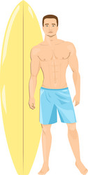 Muscular surfer shows his muscles and physical Vector Image