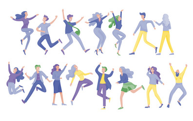 Jumping character in various poses group young Vector Image