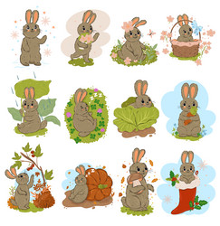 Set of funny rabbits with nature background Vector Image