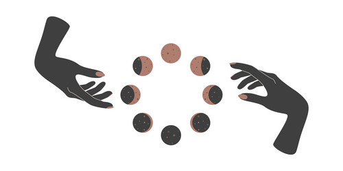 Magic hands with moon phases in trendy linear Vector Image