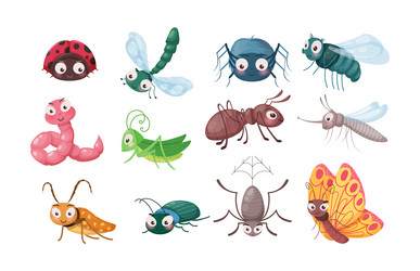 Set of cute funny insects with happy faces Vector Image