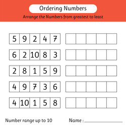 Ordering numbers worksheet arrange numbers Vector Image