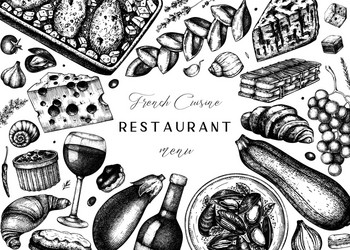 Hand sketched french food and drinks Royalty Free Vector