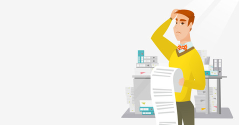 Caucasian accountant holding long bill Royalty Free Vector