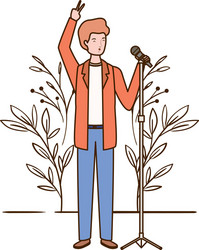Man with microphone and branches and leaves Vector Image