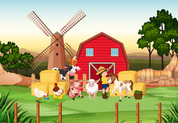 Blank banner in farm scene with a boy and many Vector Image