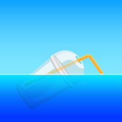 Plastic cup and straws float on surface ocean Vector Image