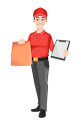 Courier holding carton box and payment terminal Vector Image