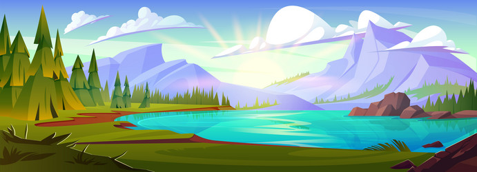 Cartoon landscape with lake and mountains Vector Image