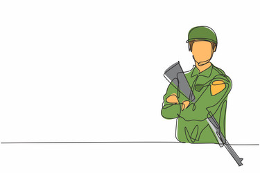 Continuous one line drawing soldiers stand Vector Image