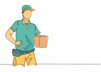 One line drawing of young pizza delivery man Vector Image