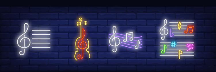 Music notes and treble clef neon signs set Vector Image
