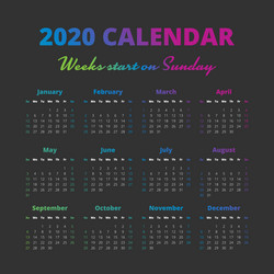 2020 calendar start on monday Royalty Free Vector Image