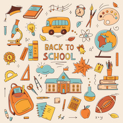 School doodle color collection with school bus Vector Image