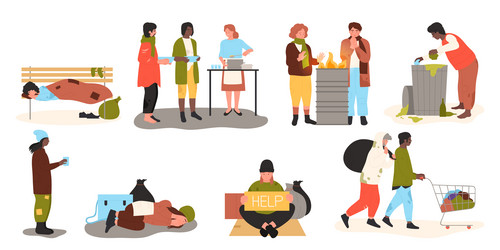Homeless poor people set poverty scenes Royalty Free Vector