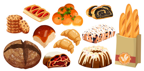Cartoon Bread Characters Pastry Comic Mascots Vector Image